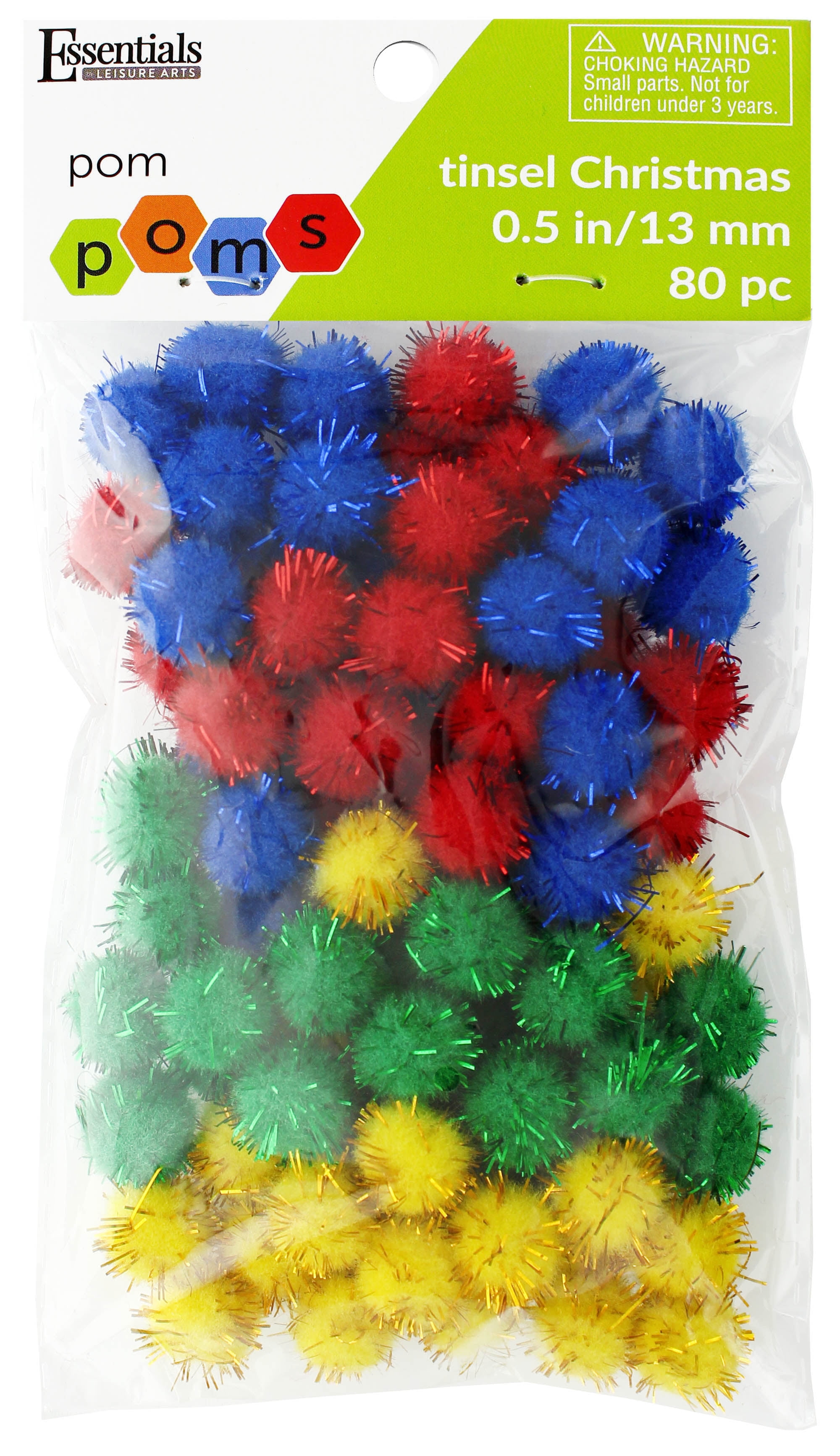 Essentials by Leisure Arts Pom Poms, Tinsel Christmas -1/2", 80 pieces ...