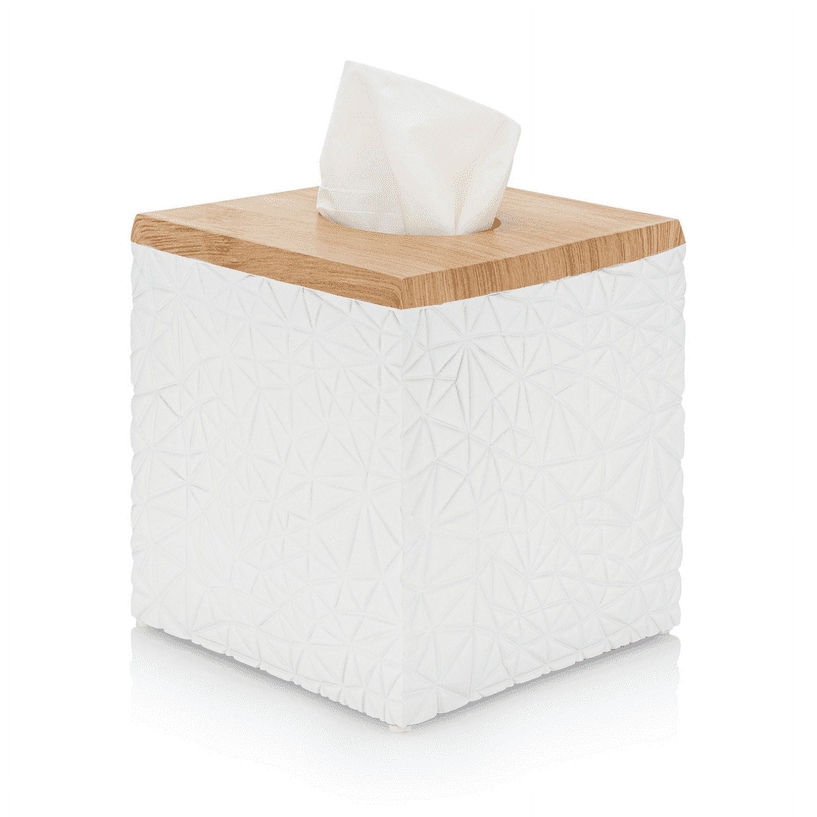 Essentra Home Square Tissue Box Cover – Matte White with Wood Print Top ...