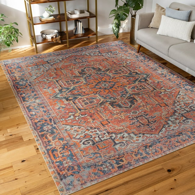 Estate Traditional 5' x 7' Red and Dark Blue Polyester Indoor Area Rug ...