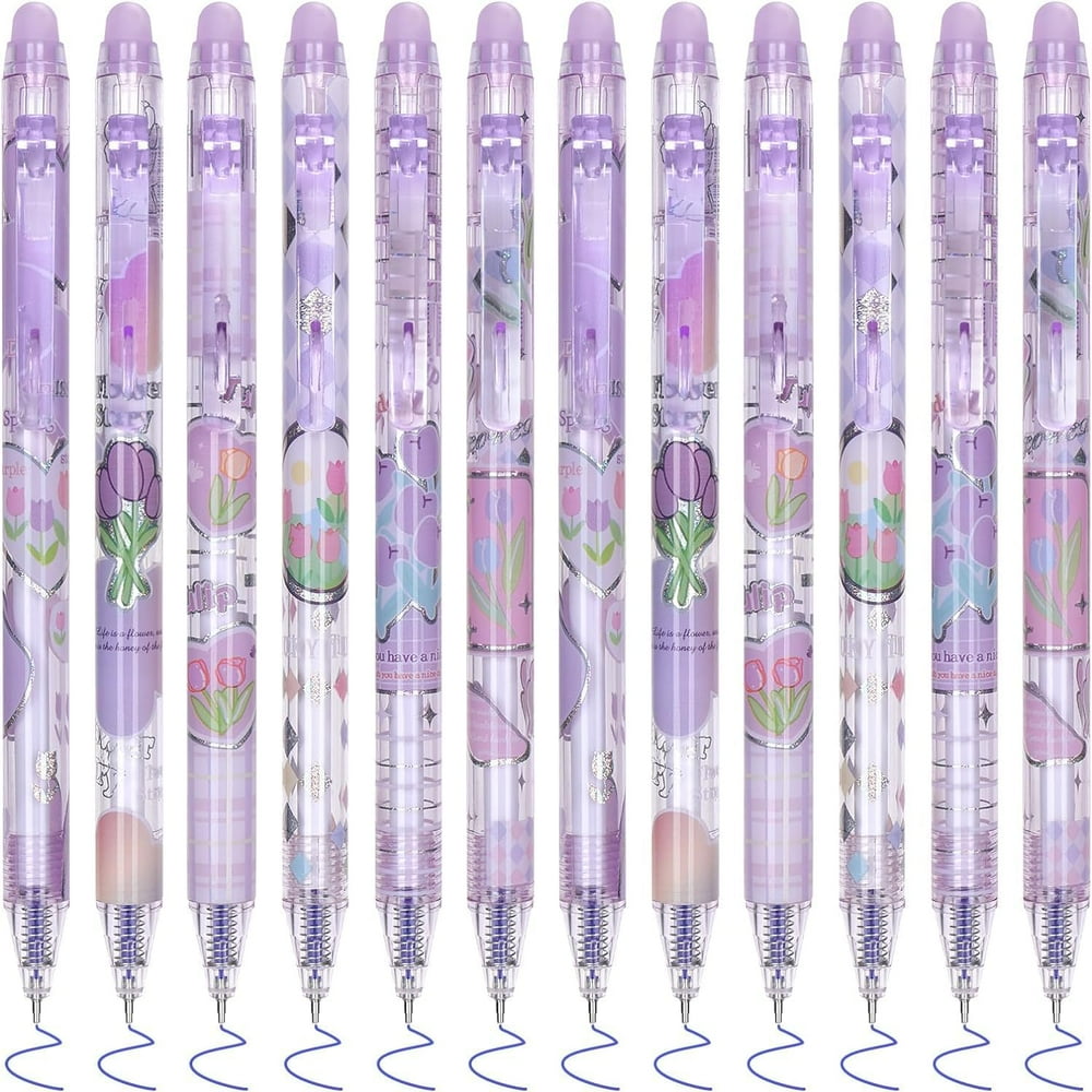 Estbridge 12 Pcs Cute Erasable Gel Pens Blue Ink Pen with Eraser 0.5mm ...