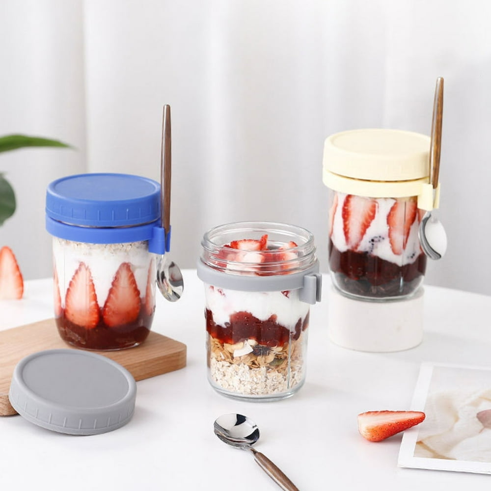 Estbridge 2Pcs Glass Oatmeal Breakfast Cups with Spoon Good Sealing ...