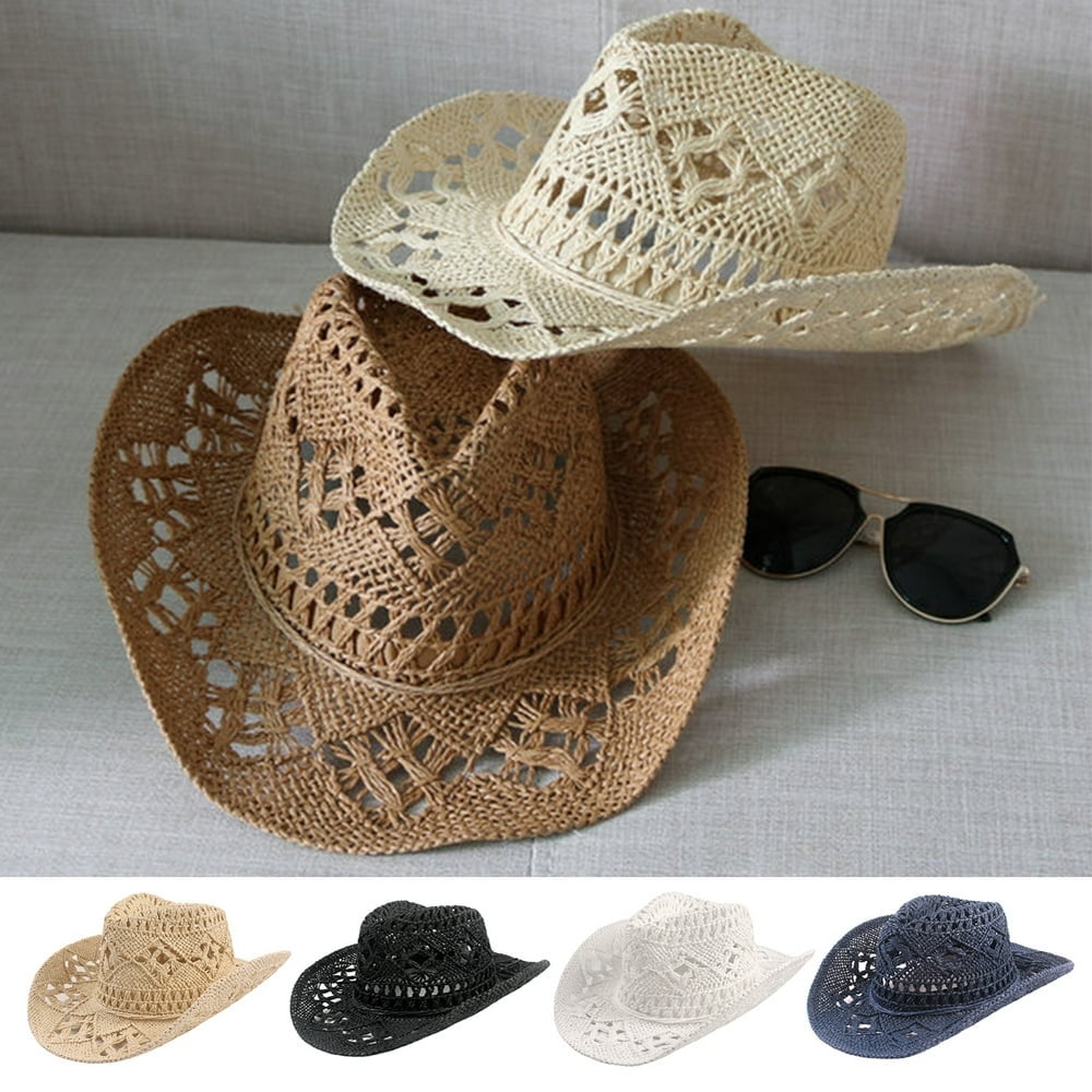 Estbridge Straw Cowboy Hat Wide Brim Sun Hat Cowgirl Summer Panama Hat ...