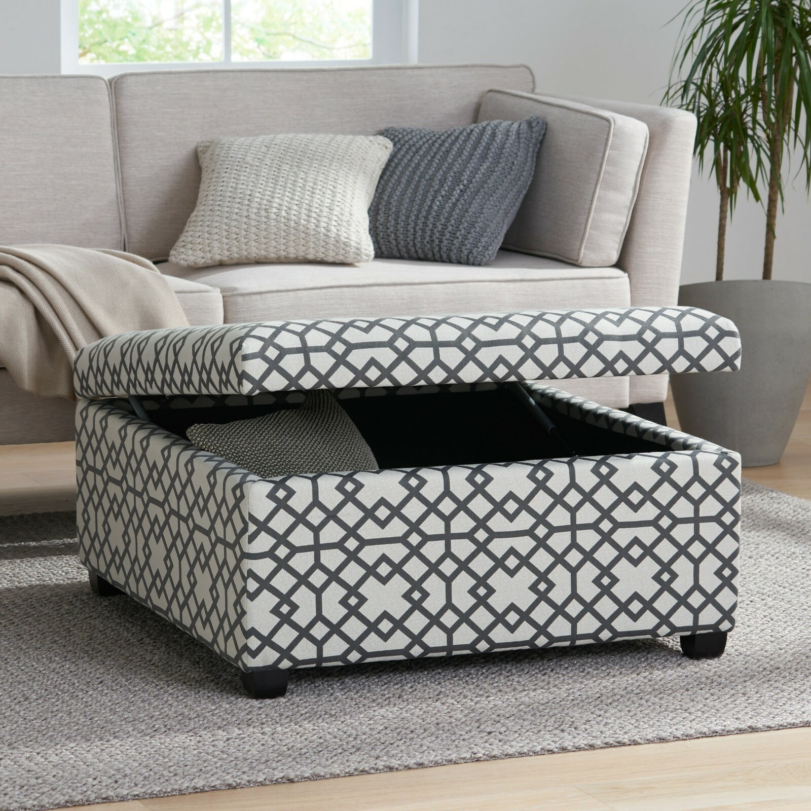 Estee Grey Geometric Pattern Fabric Square Storage Ottoman Coffee Table ...