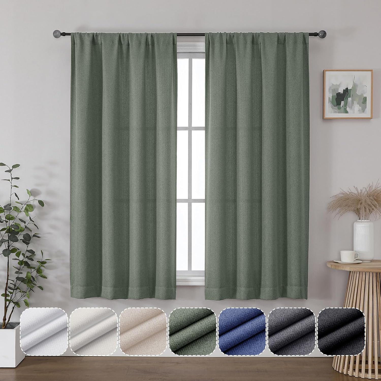Estelle Sage Green Curtains 63 Inch Length 2 Panels, Light-Filtering Soft Privacy Rod Pocket ...