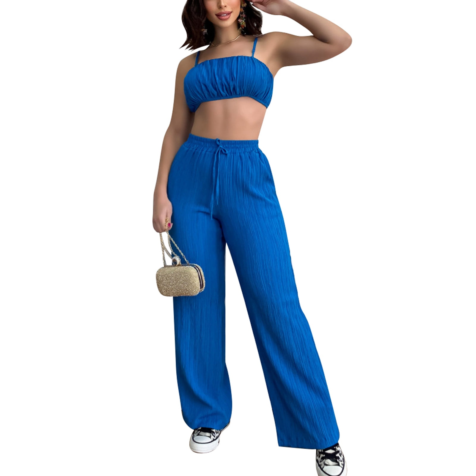 Estrela Women Summer Suit Ruched Bust Spaghetti Straps Tube Top High ...