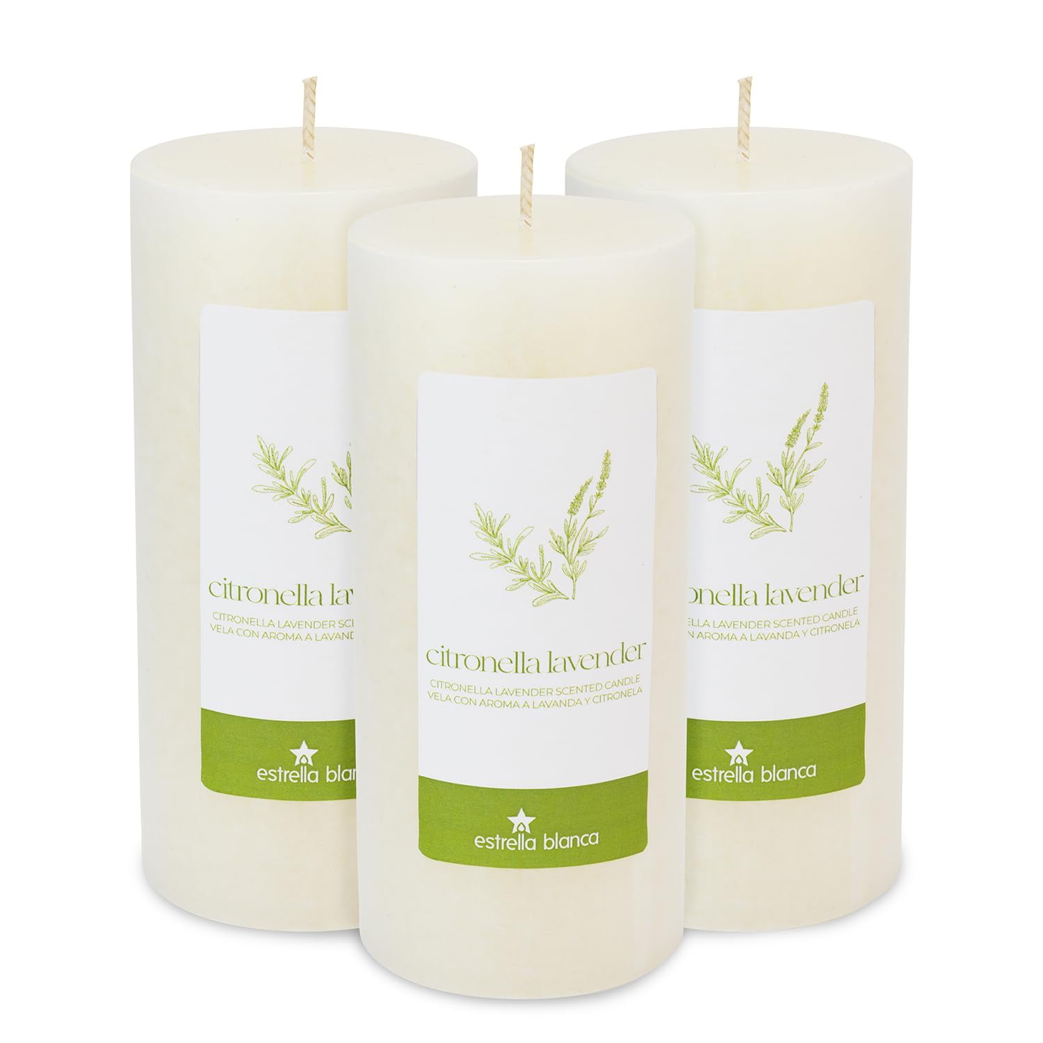 Estrella Blanca Citronella & Lavender Pillar Candle - Premium Soy Wax ...