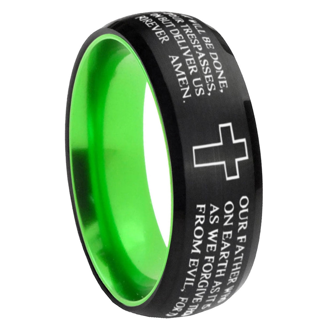 Etched Lord's Prayer Cross 8MM Dome Black And Green Tungsten Men Ring ...