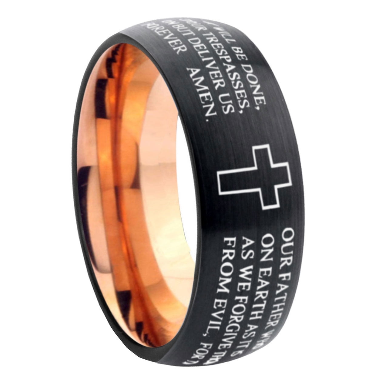 Etched Lord's Prayer Cross 8MM Dome Black And Rose Gold Tungsten Men ...