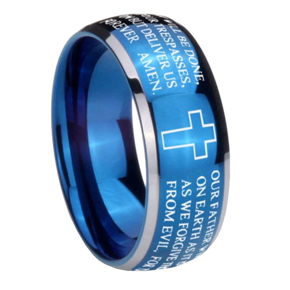 Etched Lord's Prayer Cross 8MM Polished Blue 2 Tone Dome Tungsten Men ...