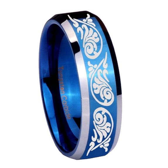 Etched Tribal Pattern 8MM Beveled Edge Blue Tungsten Men Ring - Walmart.com