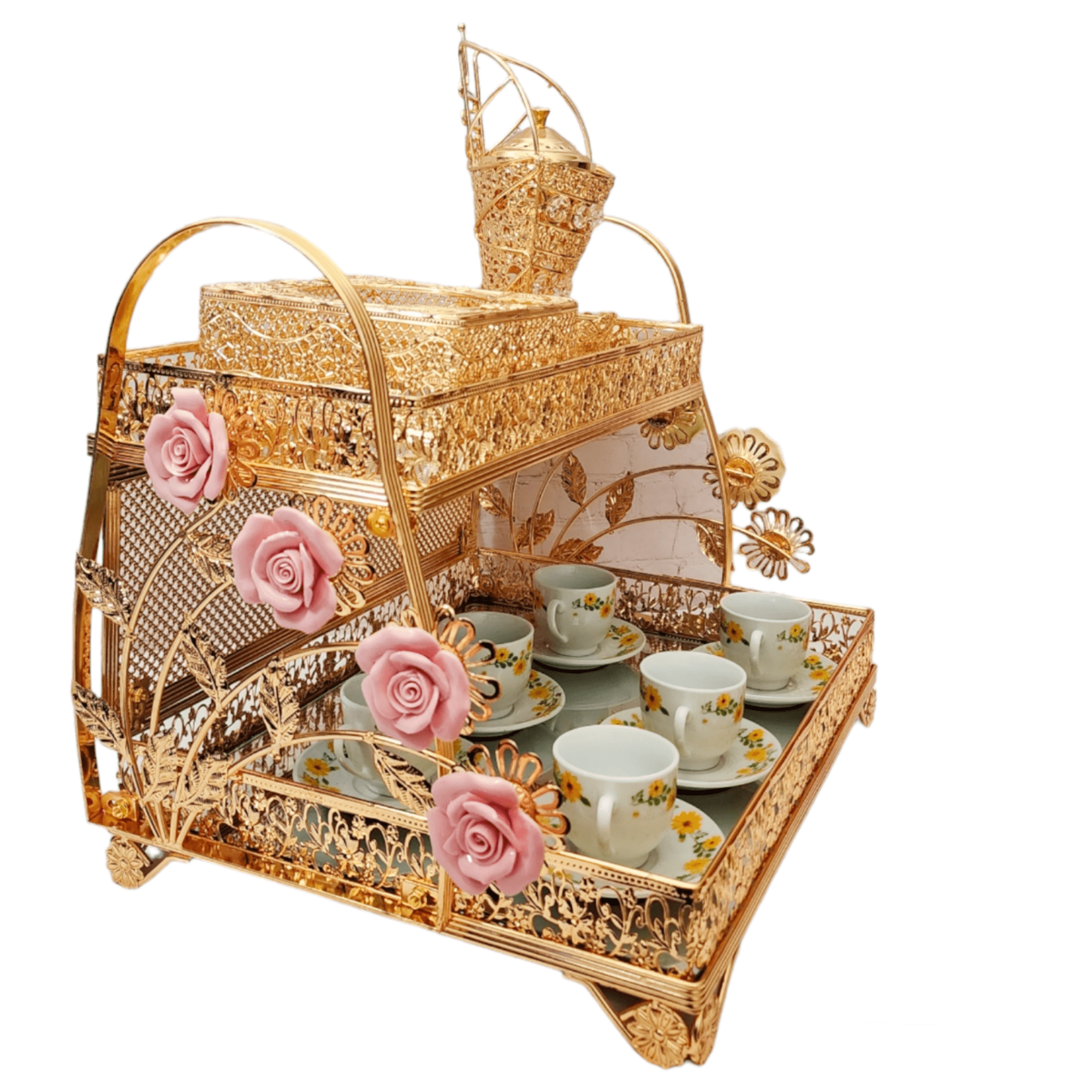 Etege Ethiopia- 16 Pcs Coffee & Tea Serving Table Set Rekebot *Etege PEACH Rose Design* 1 Table ...