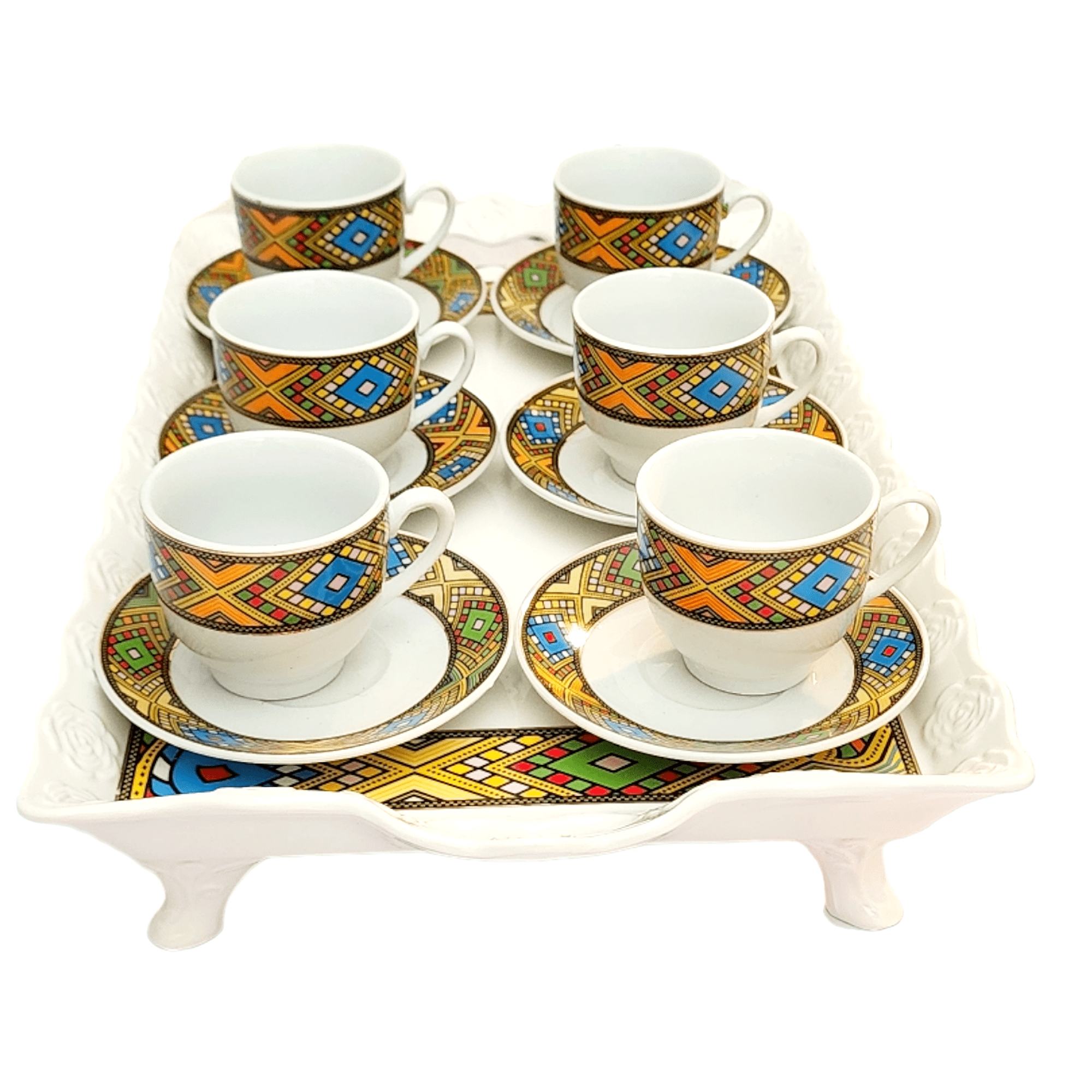 Etege Ethiopia Tibeb Design Ceramic Rekebot Tray with 6 Cups and 6 ...