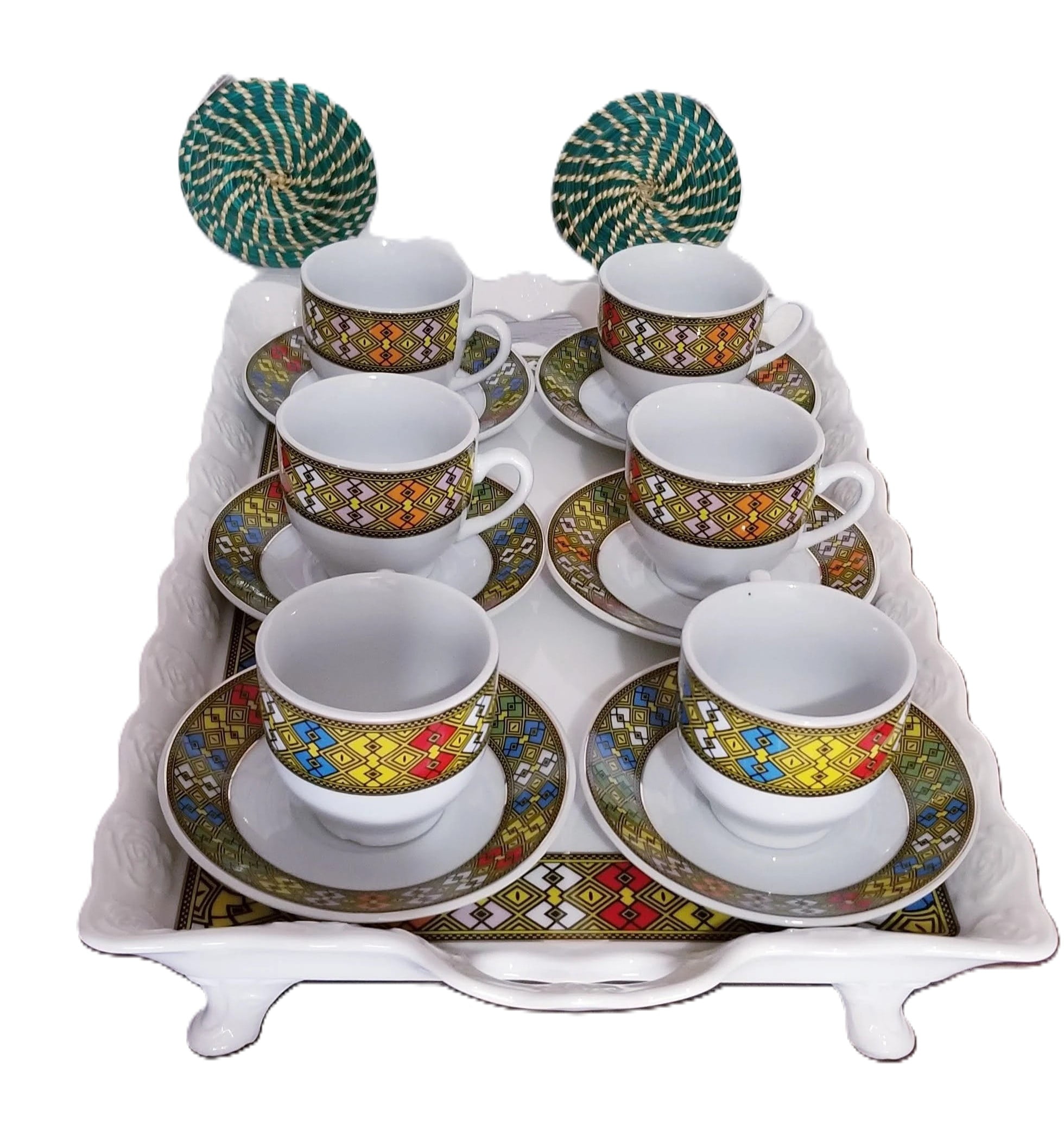 Etege Ethiopia Tibeb Design Ceramic Rekebot Tray with 6 Cups and 6 ...