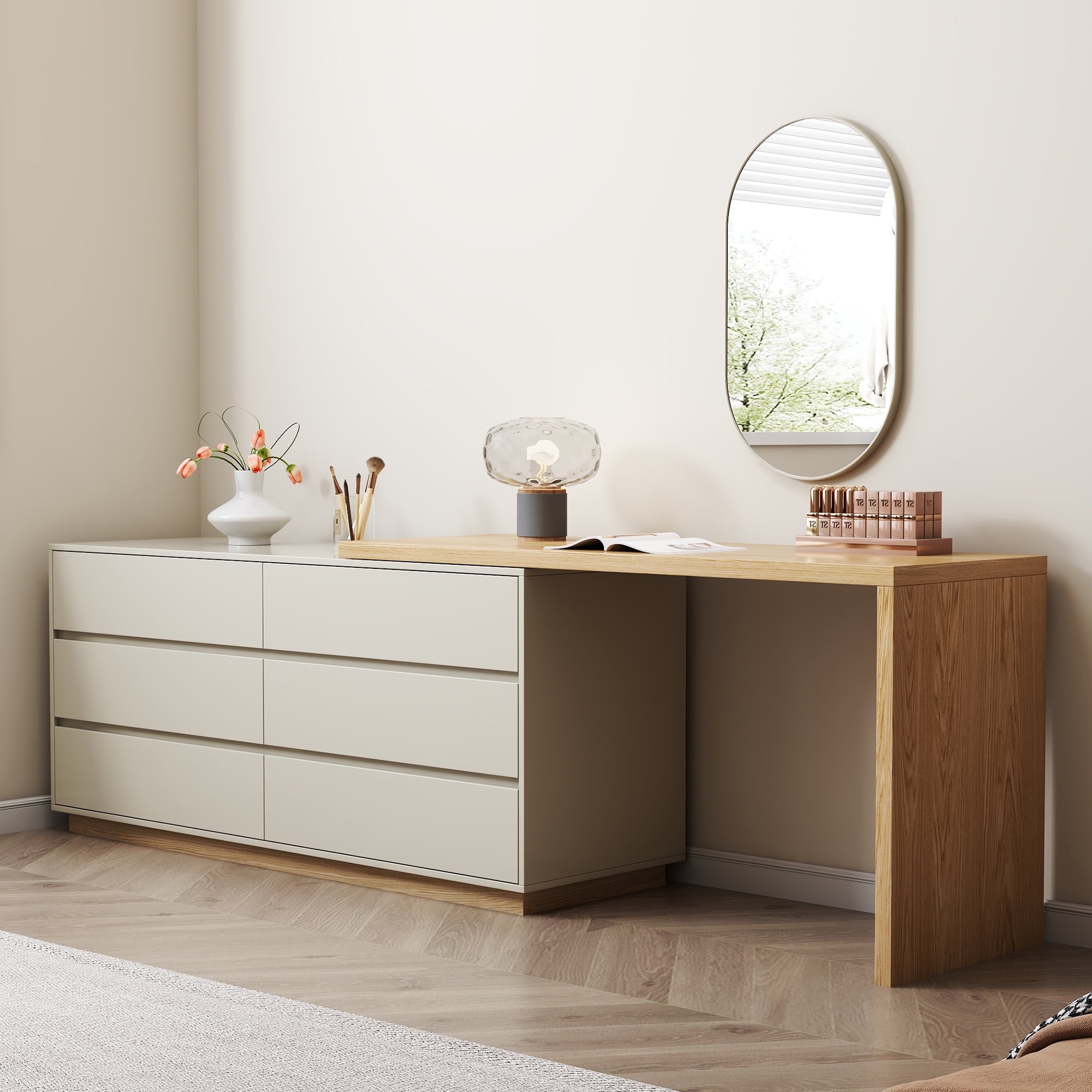 Etelifrank Modern Wood Expandable Desk and 6-Drawer Dresser for Bedroom ...