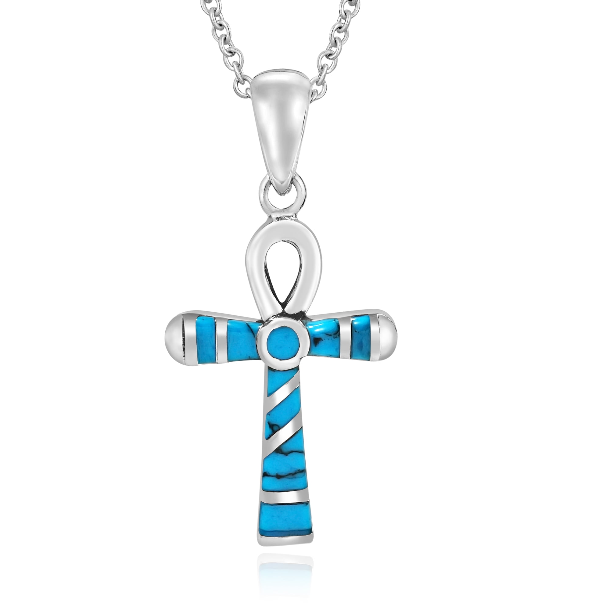 Eternal Egyptian Ankh Cross Simulated Turquoise Inlay .925 Sterling ...