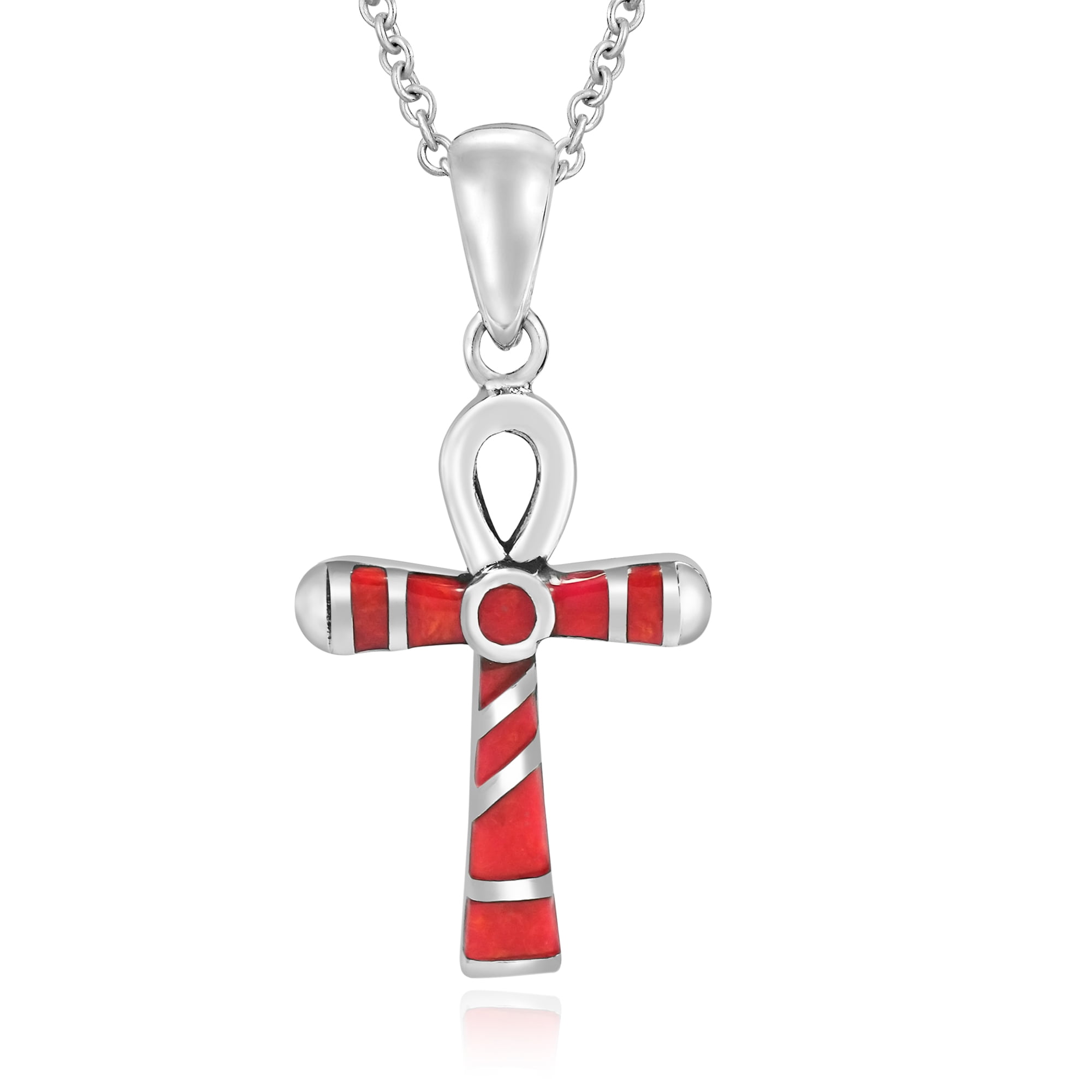 Eternal Egyptian Ankh Cross Synthetic Coral Inlay .925 Sterling Silver ...