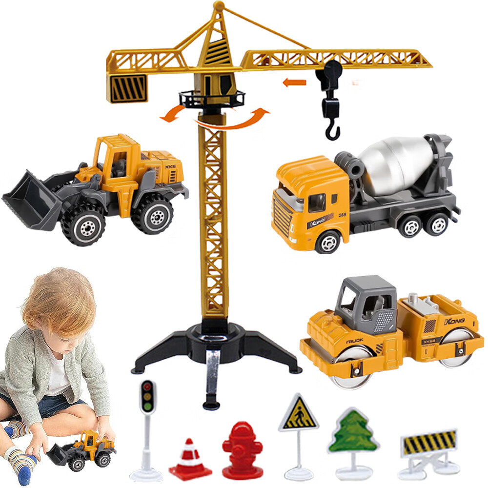 Eterstarly 1:64 Alloy Engineering Vehicle Model Construction Combination Set w/Road Signs,Crane ...