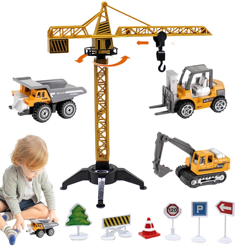 Eterstarly 1:64 Alloy Engineering Vehicle Model Construction Combination Set w/Road Signs,Crane ...