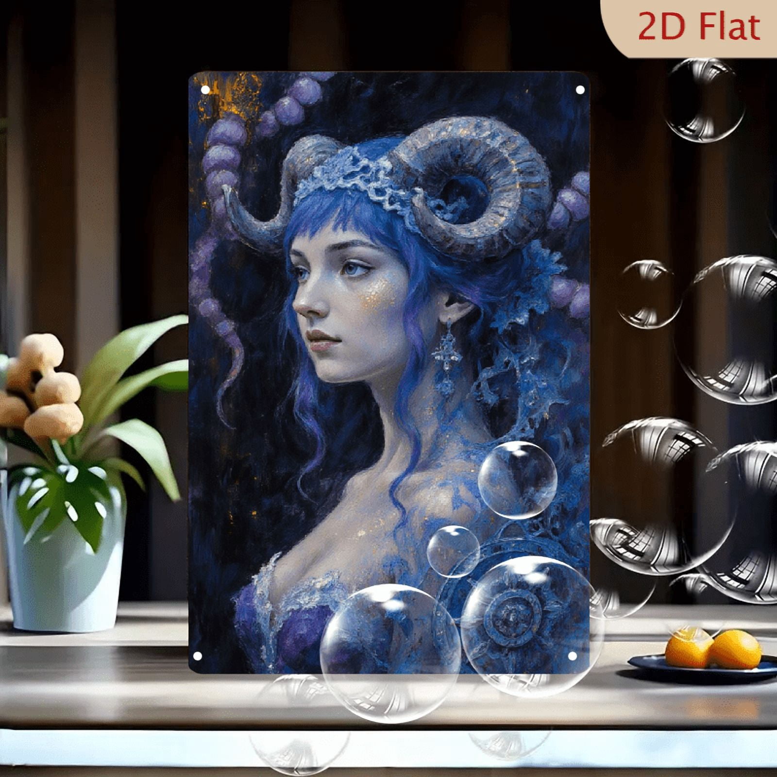 Ethereal Blue-Haired Woman with Ram Horns Fantasy Art 8x12in Metal Wall ...
