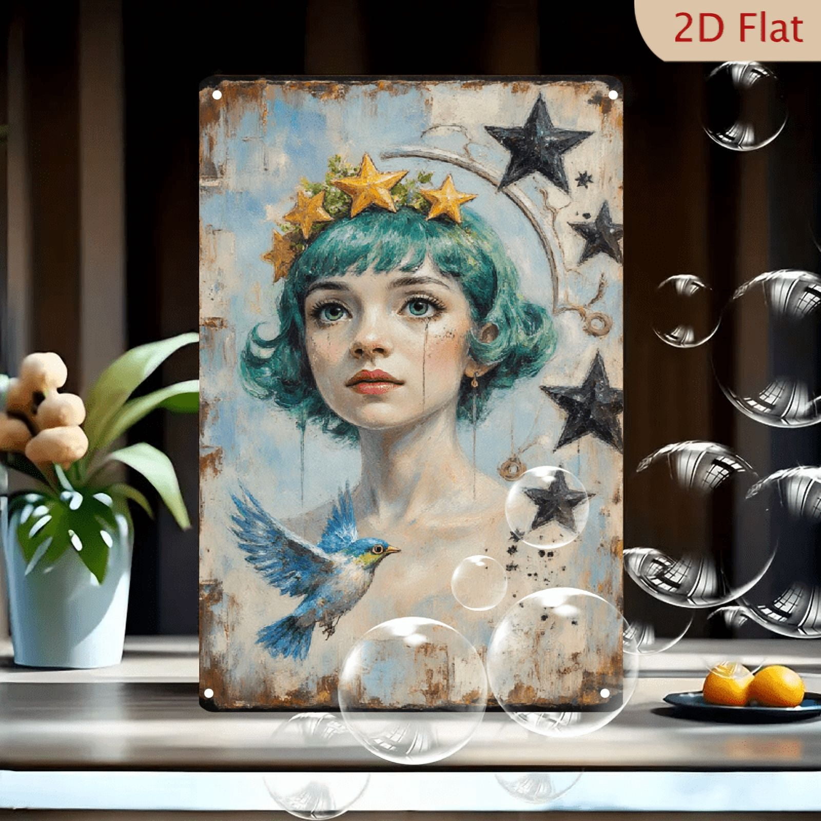 Ethereal Girl with Teal Hair & Golden Star Crown, Surreal Melancholic ...