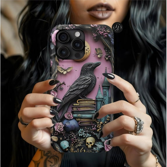 Ethereal Raven Bookshelf Academia Art Case for iPhone 17 16 15 14 13 12 ...