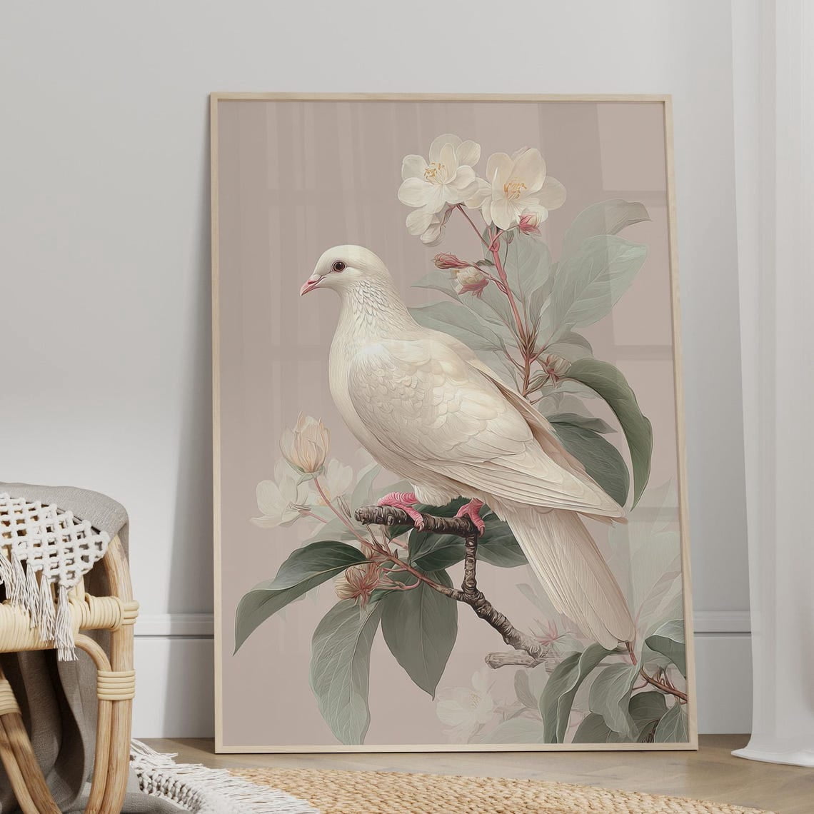 Ethereal White Dove Botanical Bird Floral Pastel Pink Asian-Inspired ...