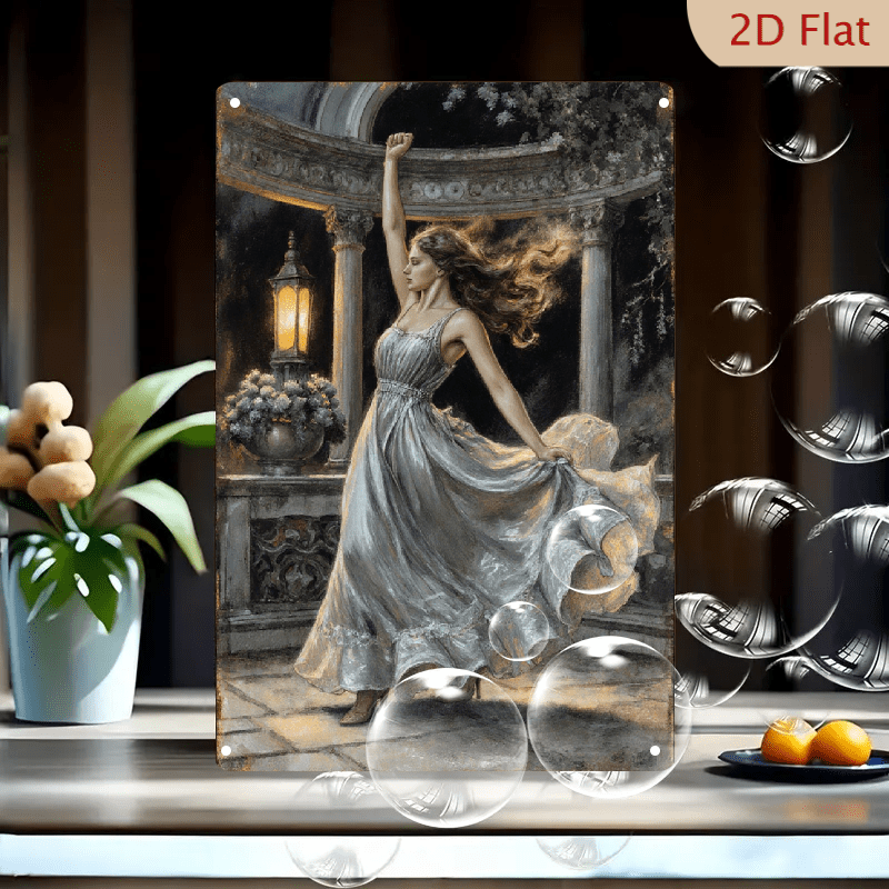 Ethereal Woman in Shimmering Silver Gown Dancing on Stone Terrace ...