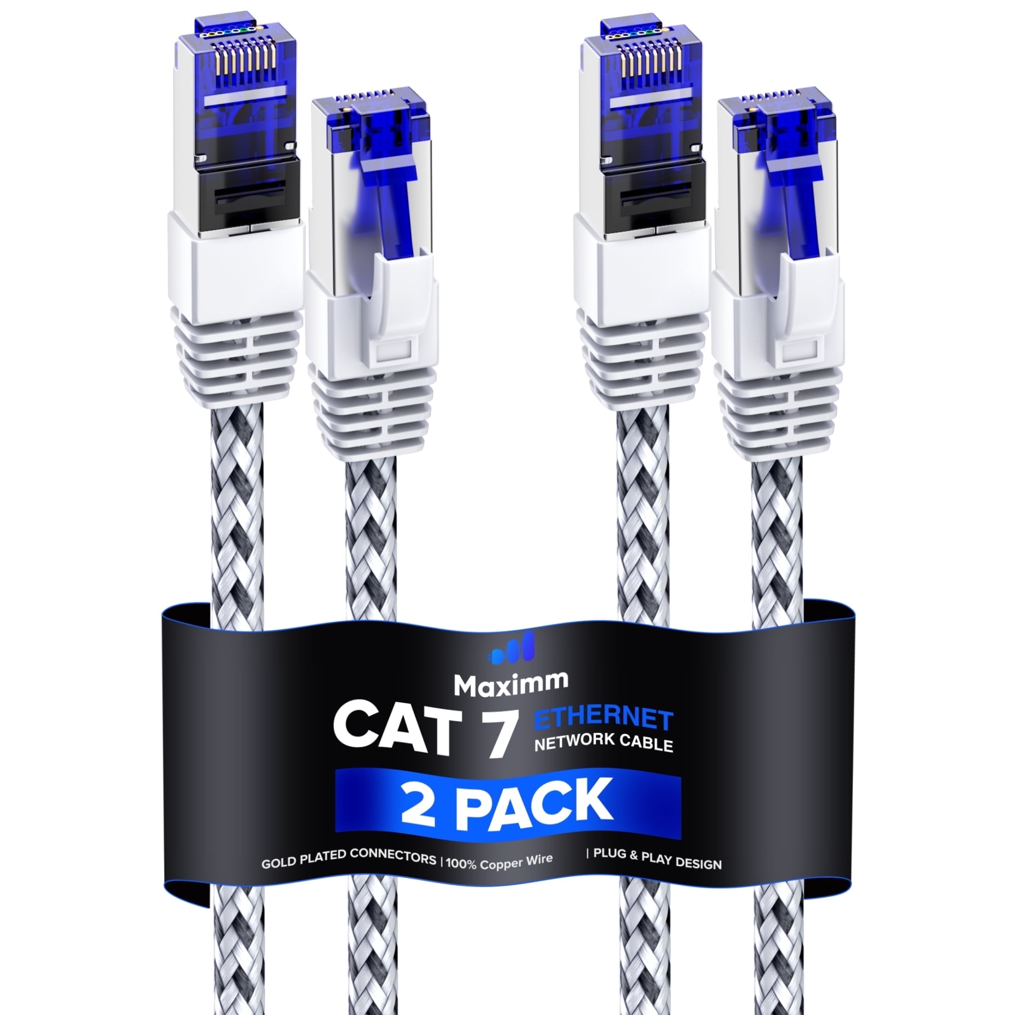 Cat7 Ethernet Cable 10ft, 2-Pack (White) - Braided High-Speed Network ...