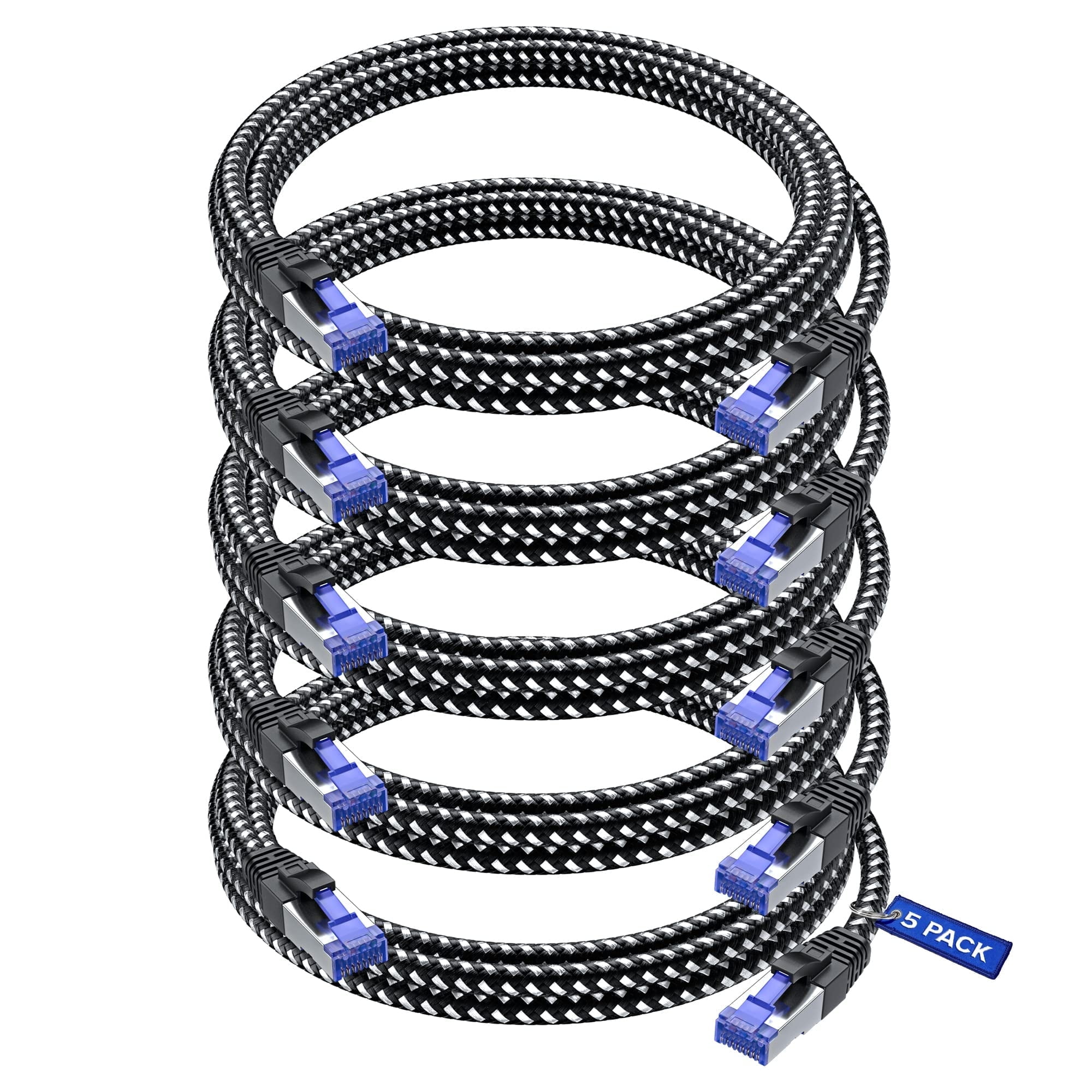Cat7 Ethernet Cable 12ft, 5-Pack (Black) - Braided High-Speed Network ...
