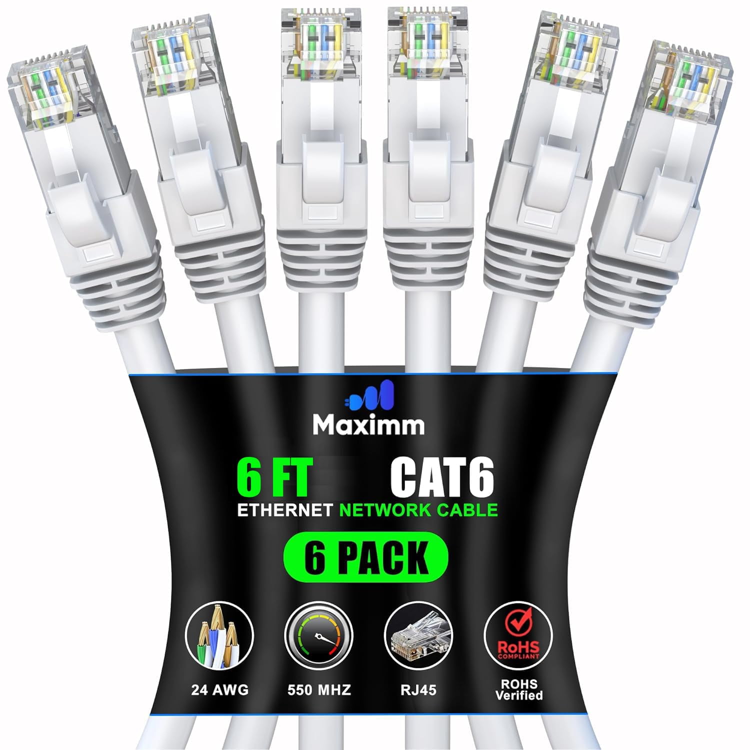 Maximm Cat 6 Ethernet Cable 6 ft (6-Pack) - High-Speed LAN Cable ...