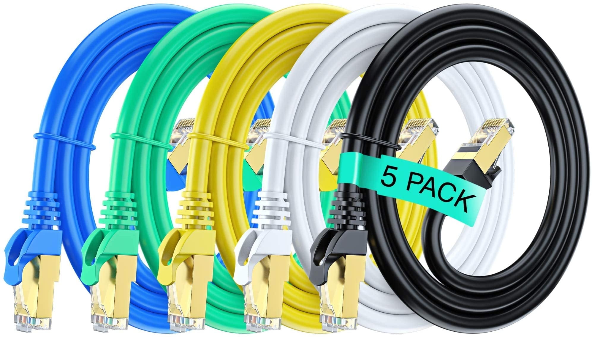 Ethernet Patch Cable - 5 ft (1.5 Meter) Cat 7-5 Pack High-Speed 10 Gigabit Internet Cord for LAN ...