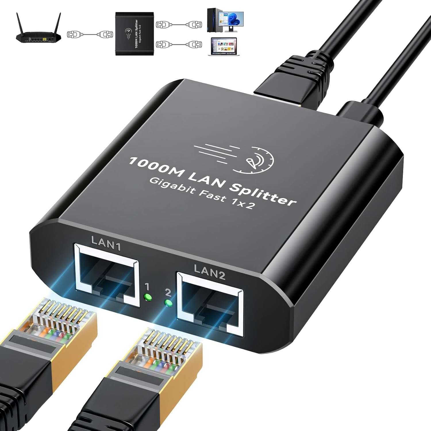 Ethernet Splitter 1 to 2 1000Mbps Internet Cable Splitter 1 in 2 Out High Speed Either Network ...
