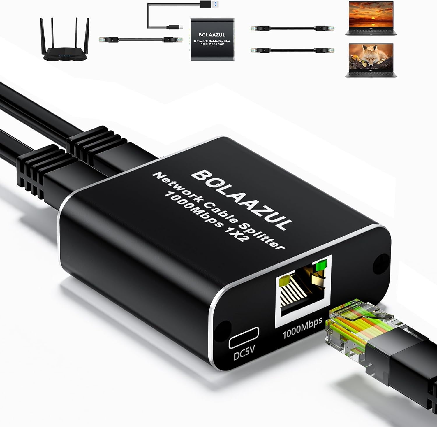 Ethernet Splitter 1 in 2 Out High Speed, BolAAzuL 1000Mbps LAN/Internet ...