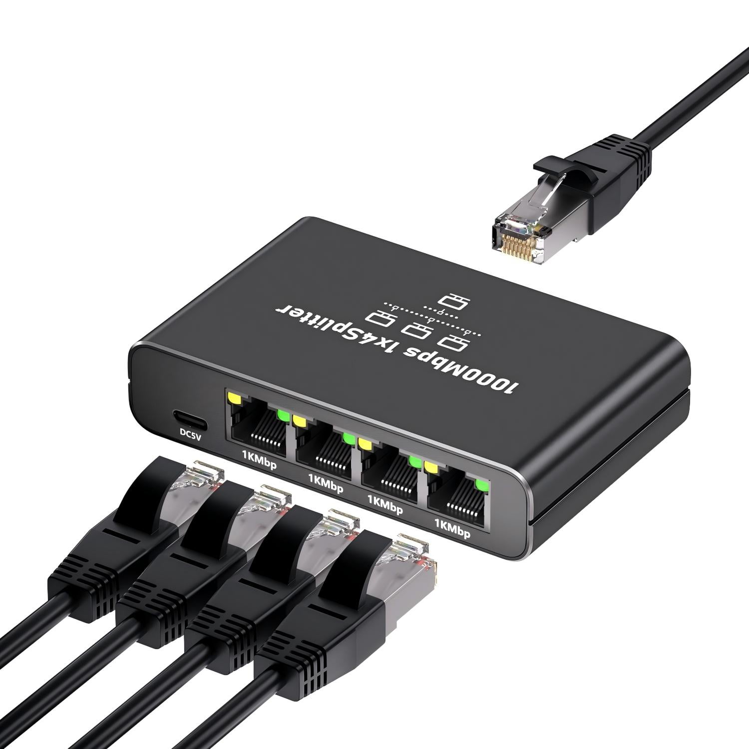Ethernet Splitter 1 to 4 - Network Splitter with USB Power Cable, RJ45 ...