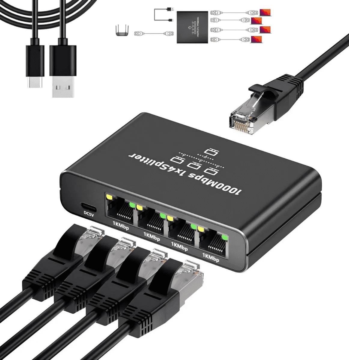 Ethernet Splitter 1 to 4 - Network Splitter with USB Power Cable, RJ45 ...
