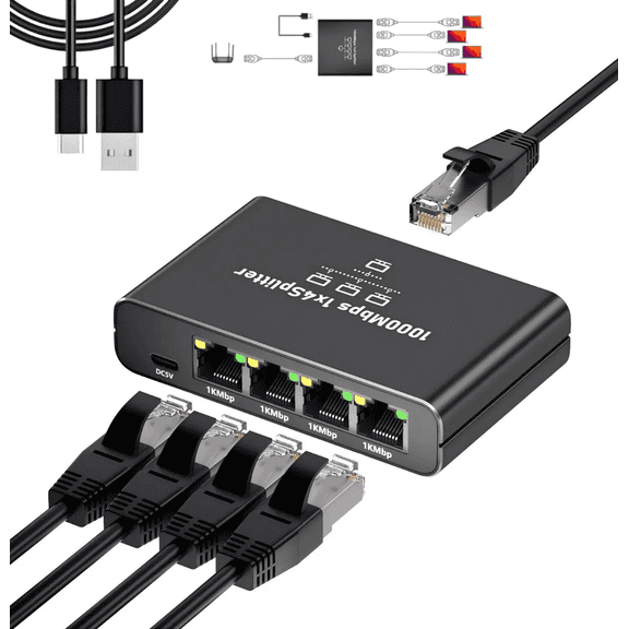 RIWPKFH 1 To 4 RJ45 Splitter High Speed 1000Mbps Network Connector Splitter HUB 4 Devices ...