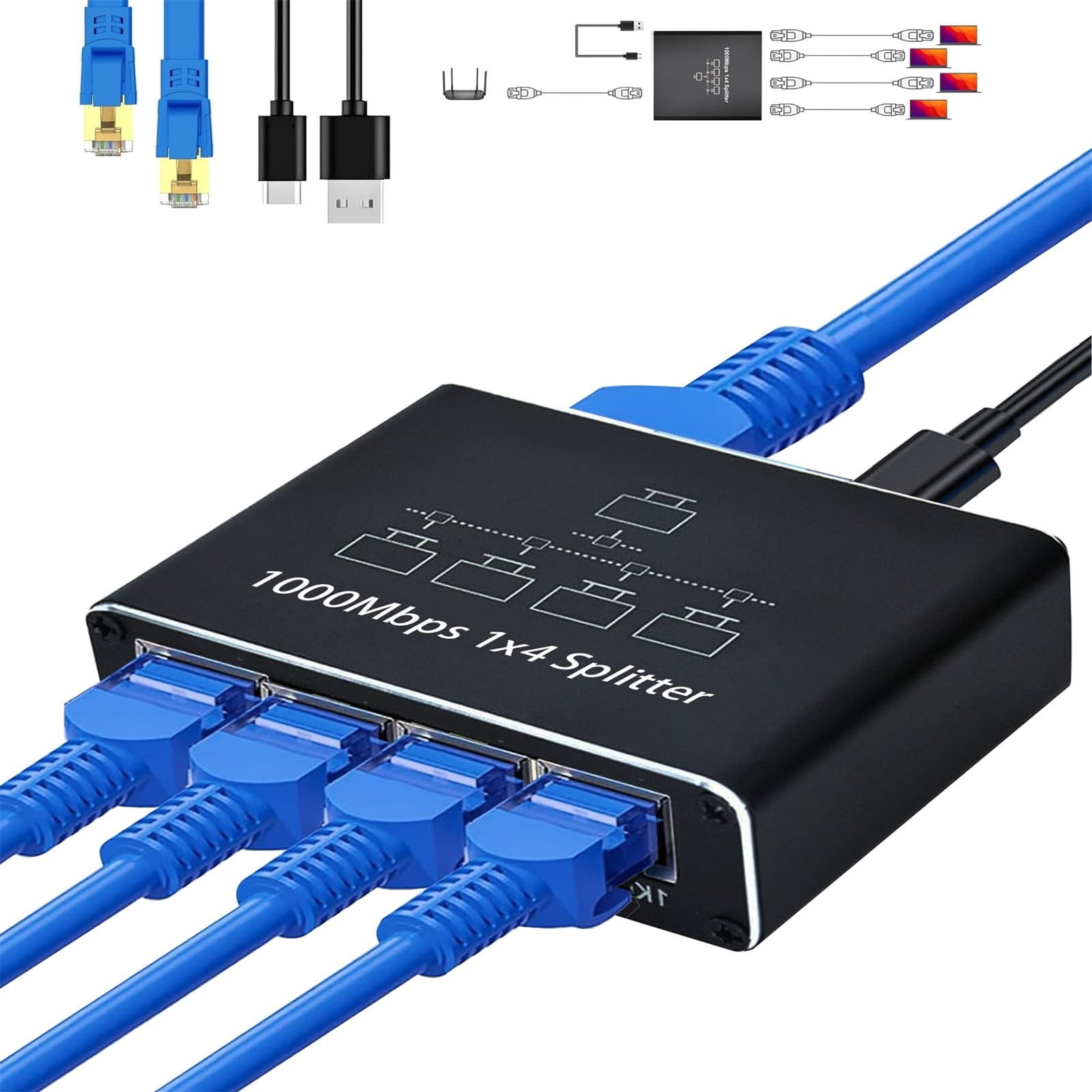 Ethernet Splitter 1 to 4 Network Splitter with USB Power Cable RJ45 LAN ...