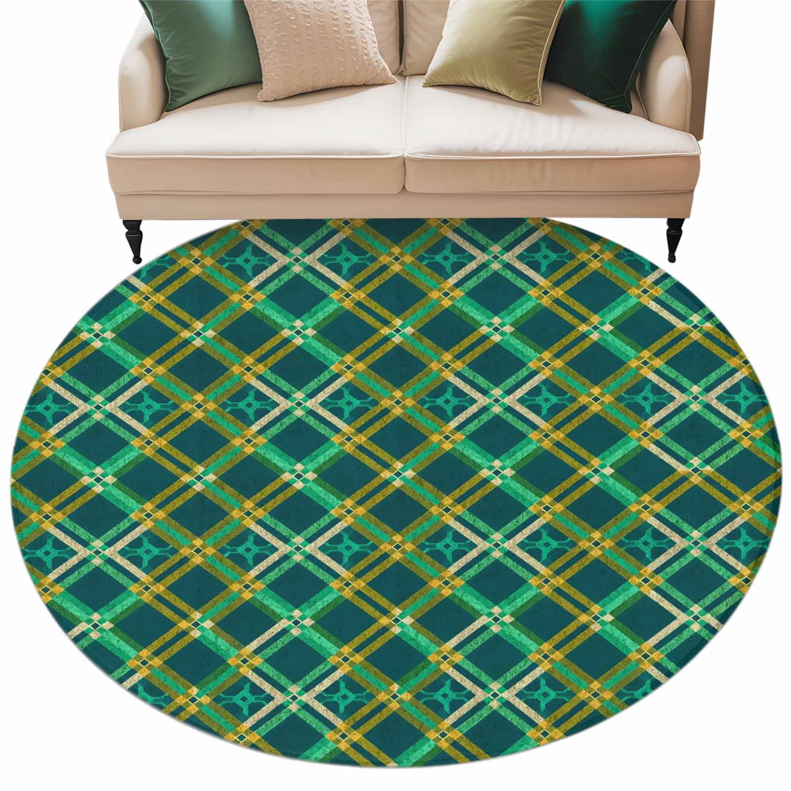 Ethic Texture Washable Round Area Rug 5 ft, Green Brown Geometric Black ...