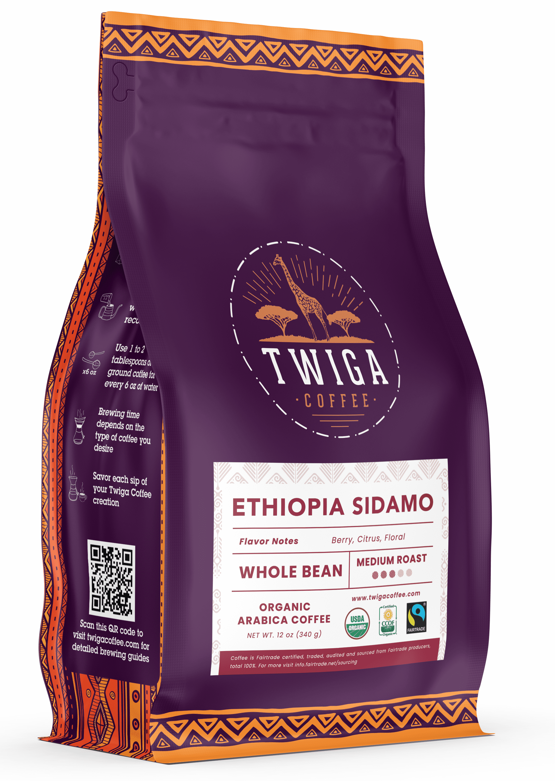 Ethiopia Sidamo Coffee | USDA Organic | Fairtrade | Medium Roast | Whole Bean | 12 oz | Twiga ...