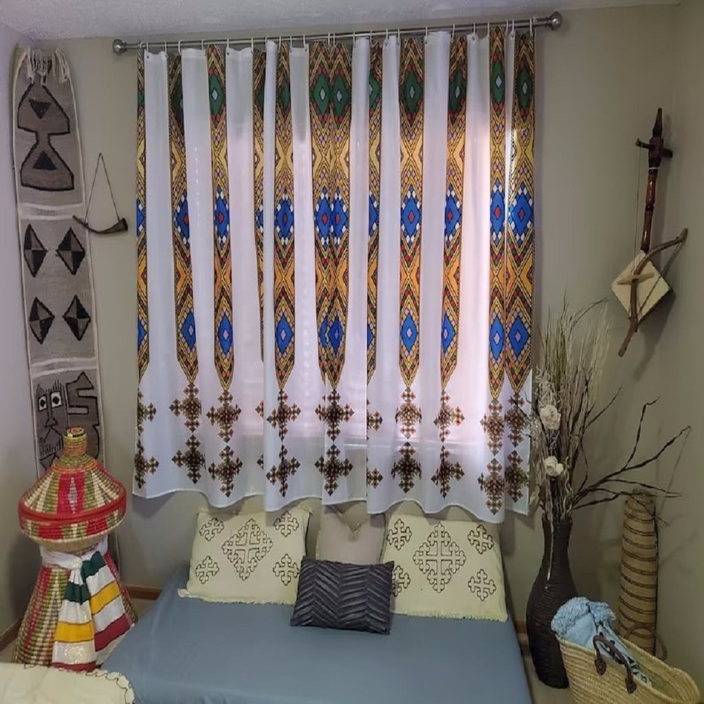 Ethiopian Home Textile Design Thin Shading Window Curtains rative Boho Printing Bedroom Finished ...