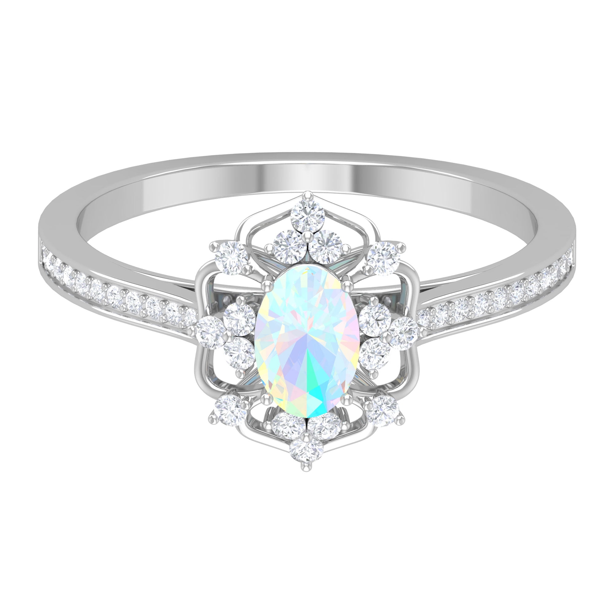 Ethiopian Opal Engagement Ring with Diamond Accent, Vintage Inspired Flower Opal Ring in Gold (1 ...
