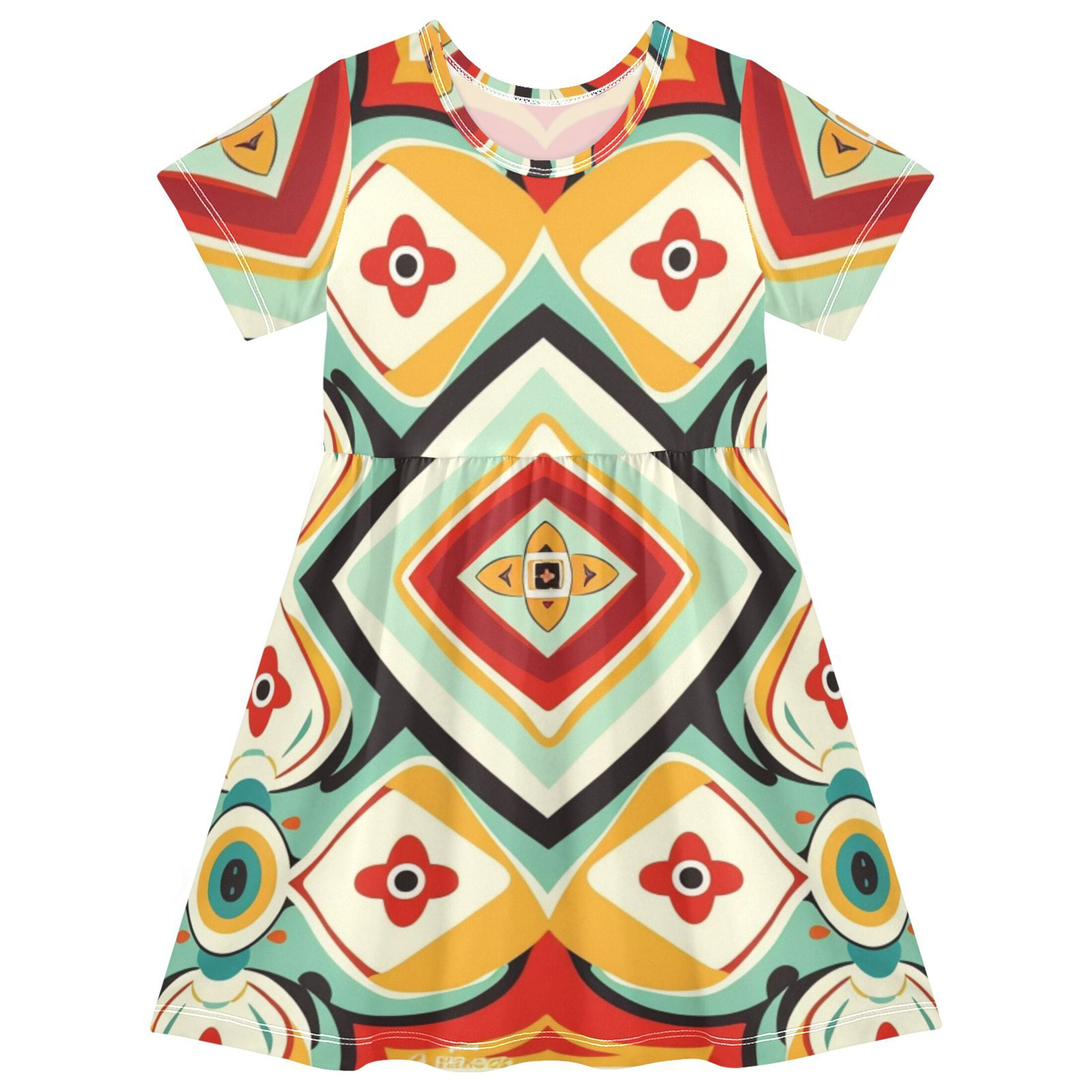 Ethnic Abstract Pattern Girls' Short Sleeve Dress A-Line One-Piece Dress UPF 50+ Quick Dry 4T ...