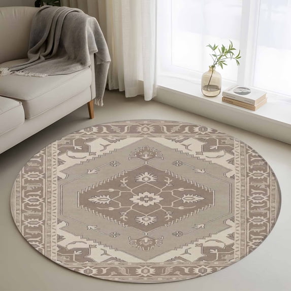 Ethnic Art Boho 4FT Round Area Rugs Abstract Geometric Brown Flower ...