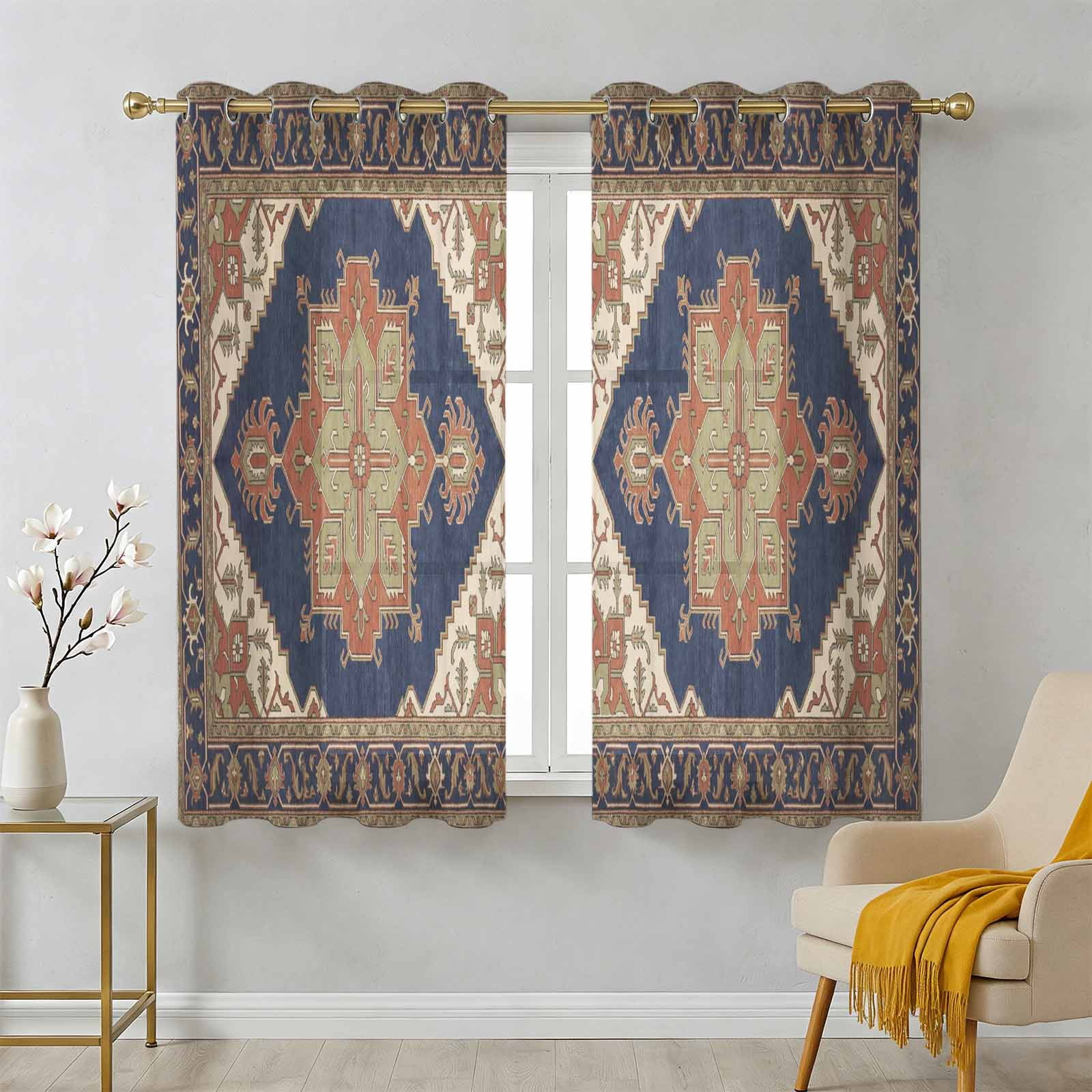 Ethnic Art Boho Sheer Curtains 39 Inch Long 2 Panels, Abstract Cobalt ...