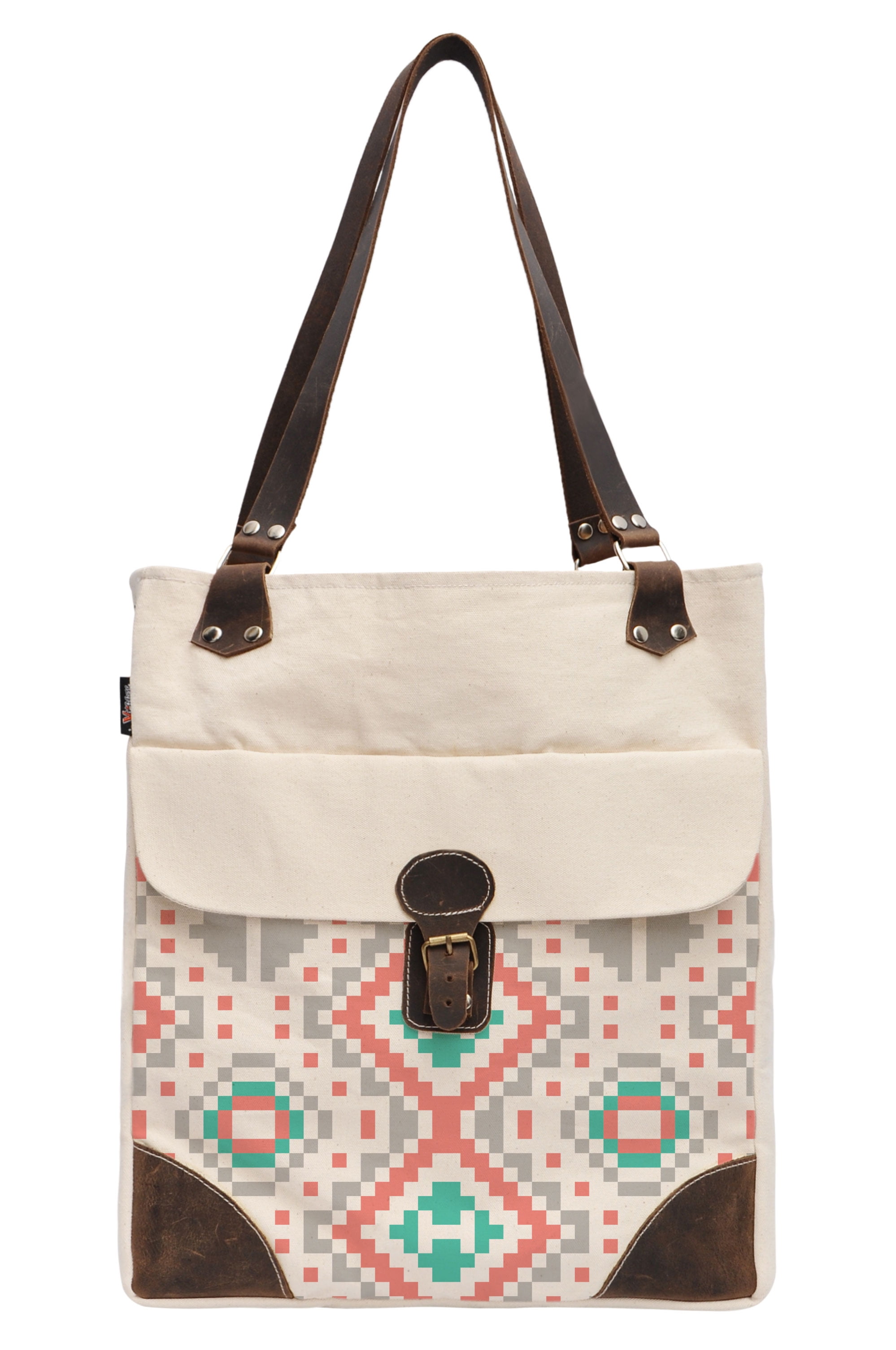 Ethnic Aztec Pattern-8 Beige Printed Canvas Leather Handle Shoulder ...