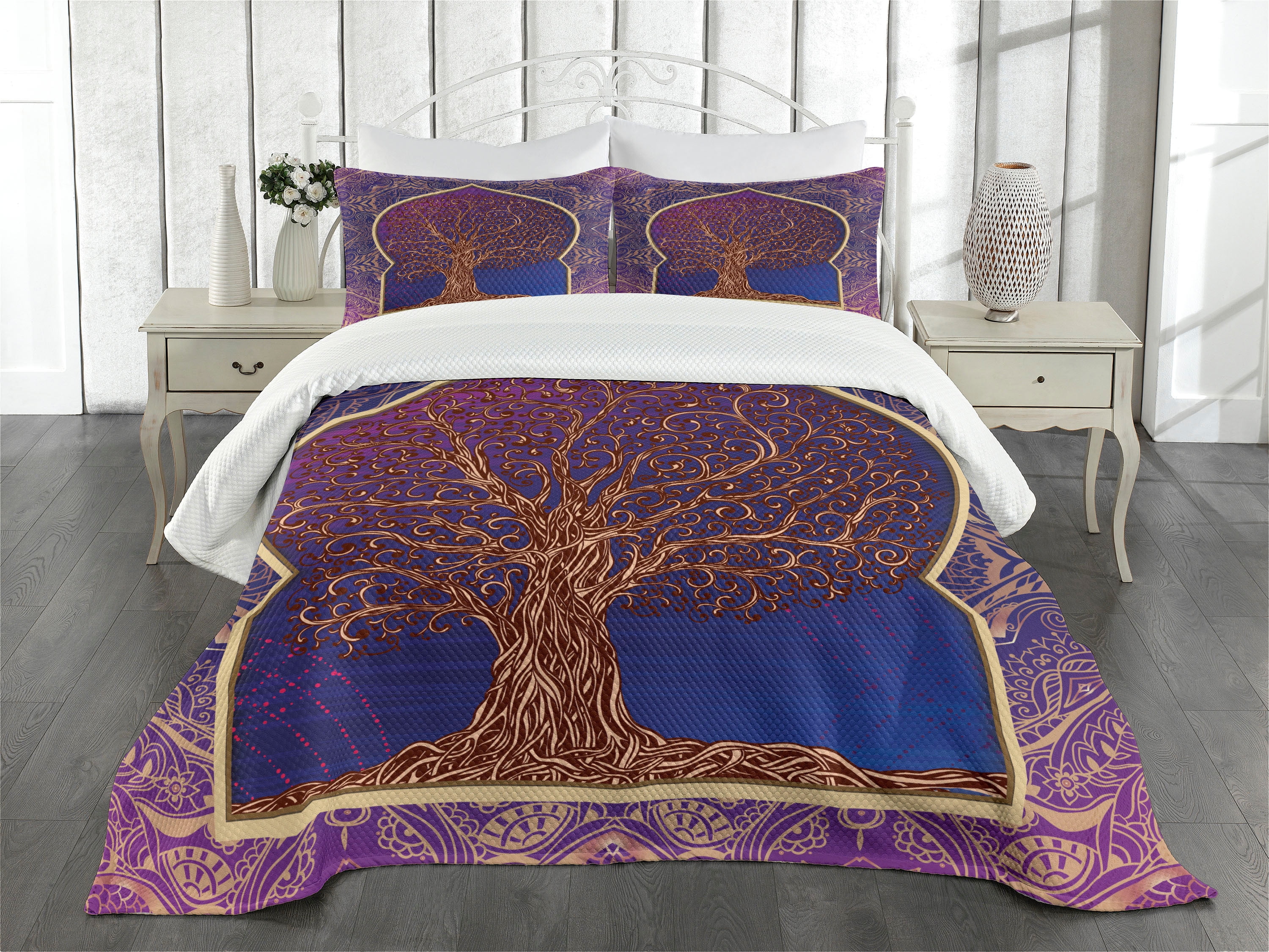 Ambesonne Moroccan Quilted Bedspread Set 3 Pcs, Retro Eastern Branches ...