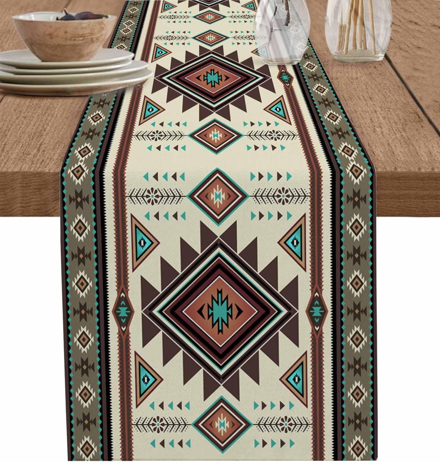 Ethnic Boho Brown Western Linen Table Runner Geometric Abstract ...