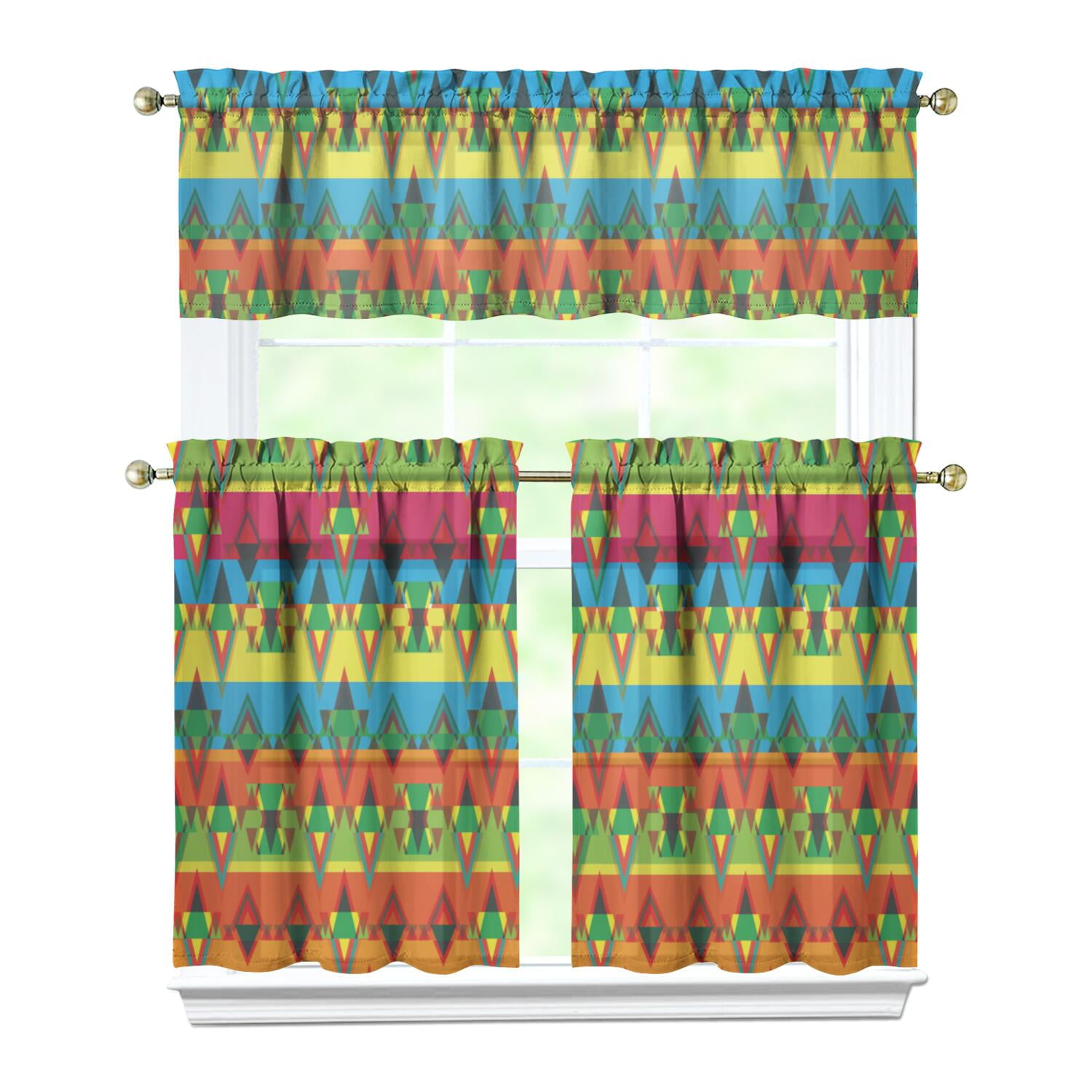 Ethnic Boho Kitchen Curtain Set Tribal Style Bohemian Tier and Valance ...