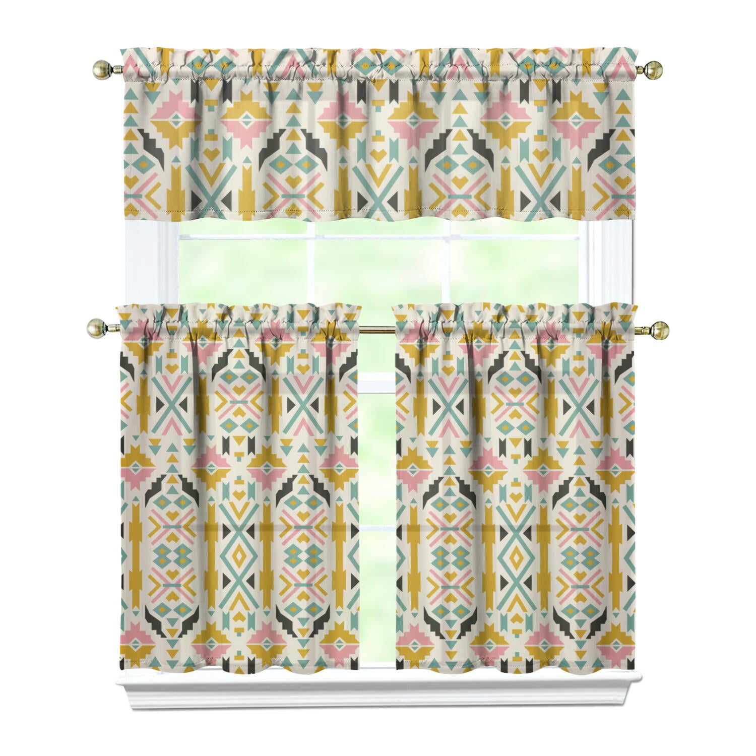 Ethnic Boho Kitchen Curtain Set Tribal Style Bohemian Tier and Valance ...