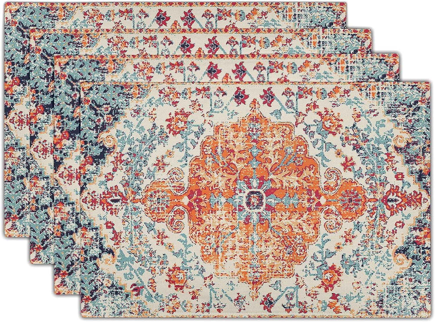 Ethnic Boho Placemats Set of 4 Southwest Orange Blue Teal Carpet Woven ...